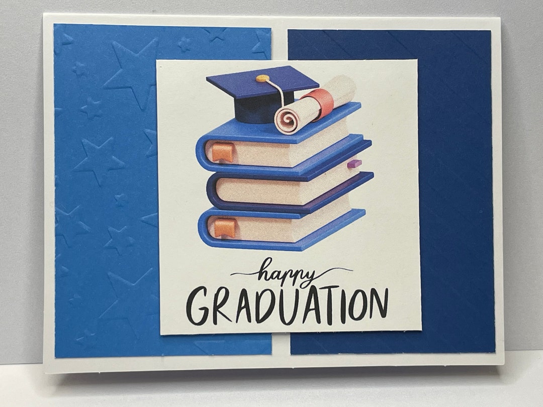 Happy Graduation Book Stack With Diploma and Cap - Blue - Graduation ...