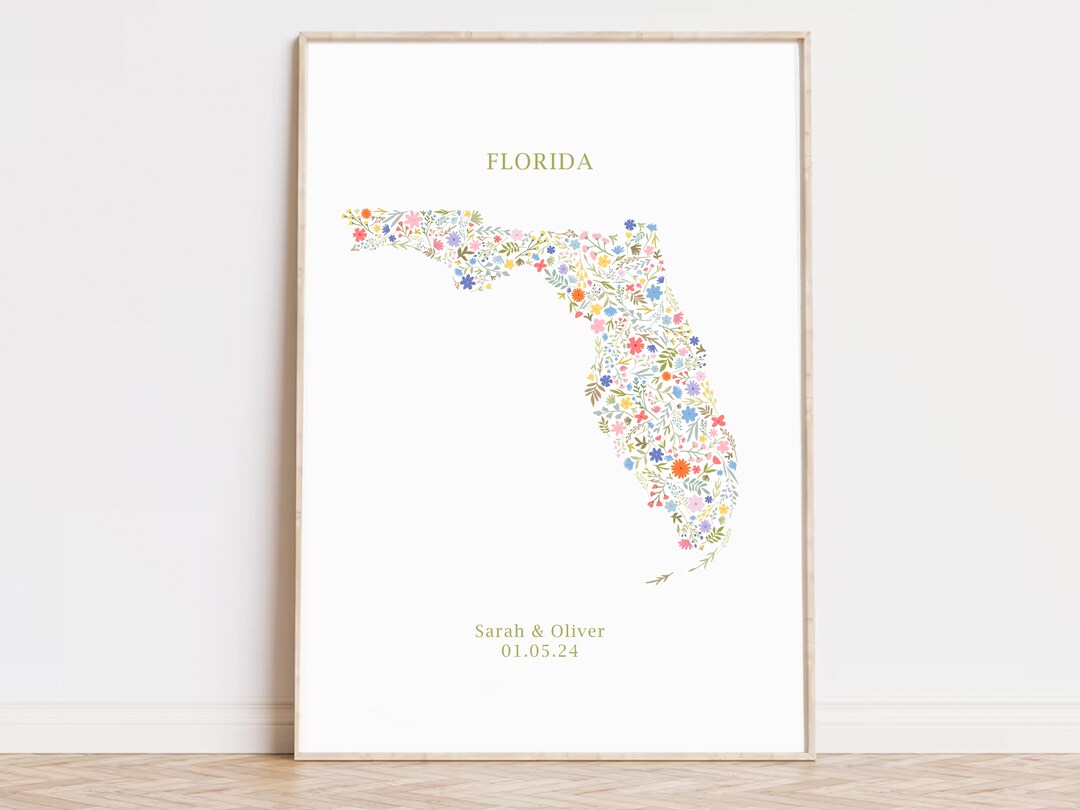 Custom Florida Map Flower Print, Florida Print, Map Print, Wildflower ...