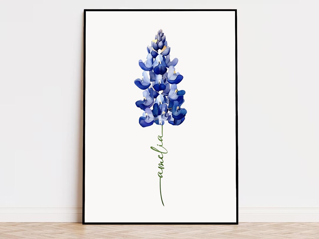 Watercolour Blue Bonnet Flower, Custom Name Flower Print, Personalized ...