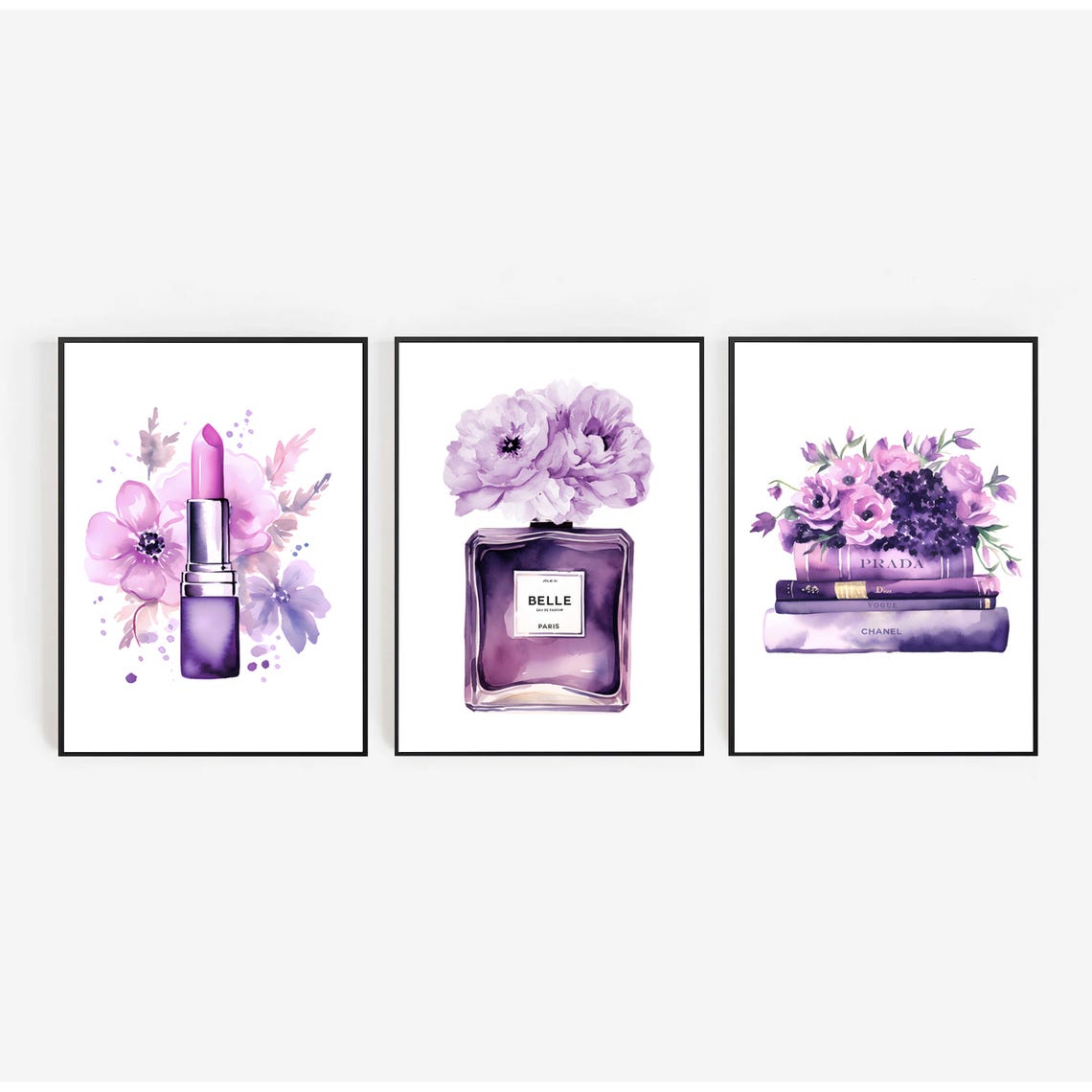 Set of 3 Fashion Prints, Purple Fashion Art Print, Paris Art, Bedroom ...