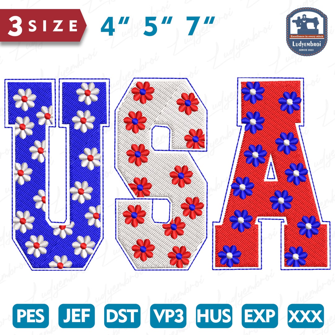 USA Text Embroidery Design, America Embroidery Design, 4th of July ...