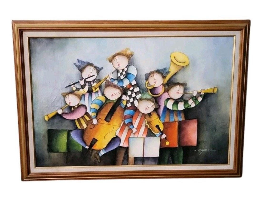 J. Roybal Whimsical Young Orchestra Oil Colorful Painting Framed Canvas ...