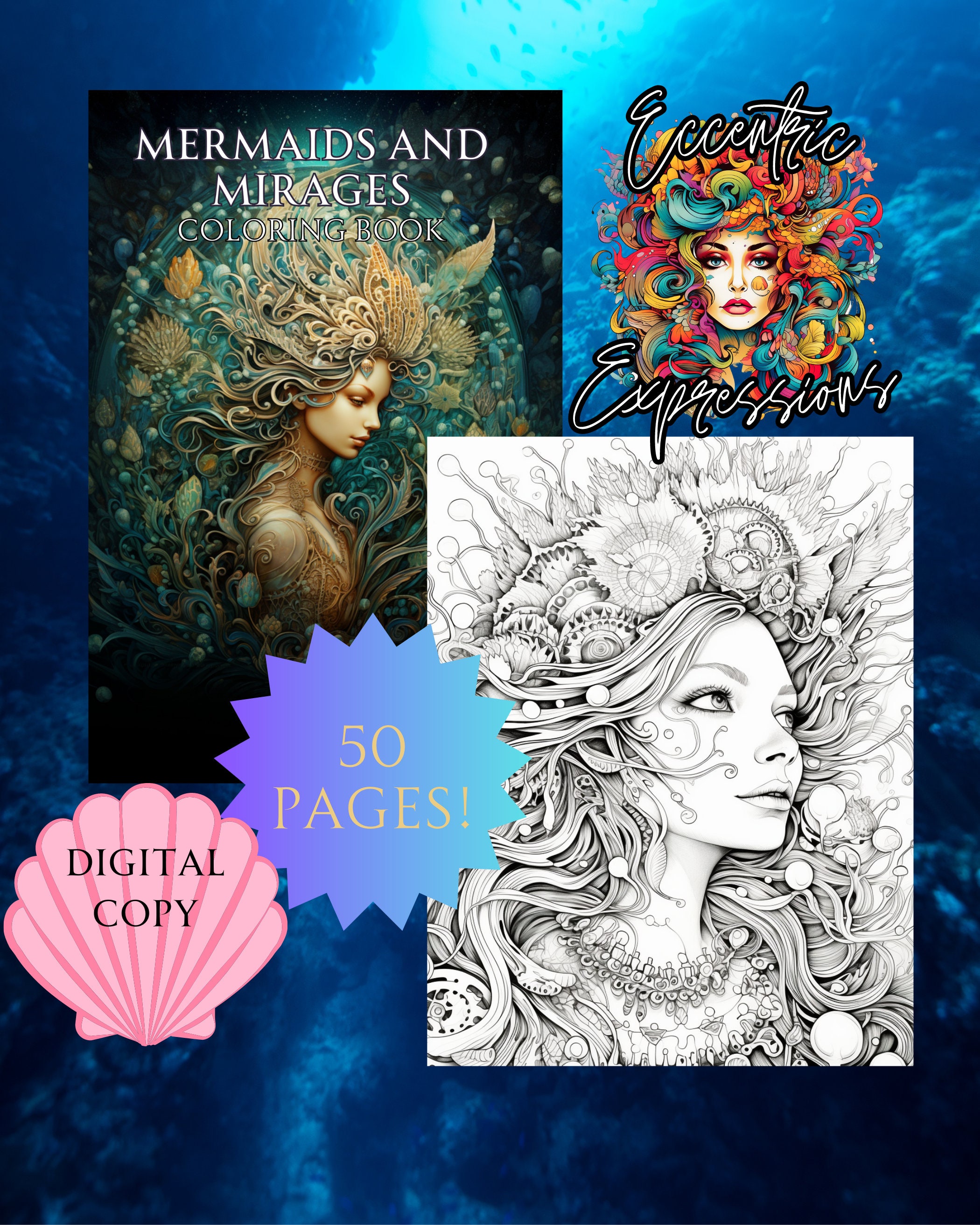 Mermaids and Mirages - 50 Coloring Pages of Mermaids and Beautiful ...