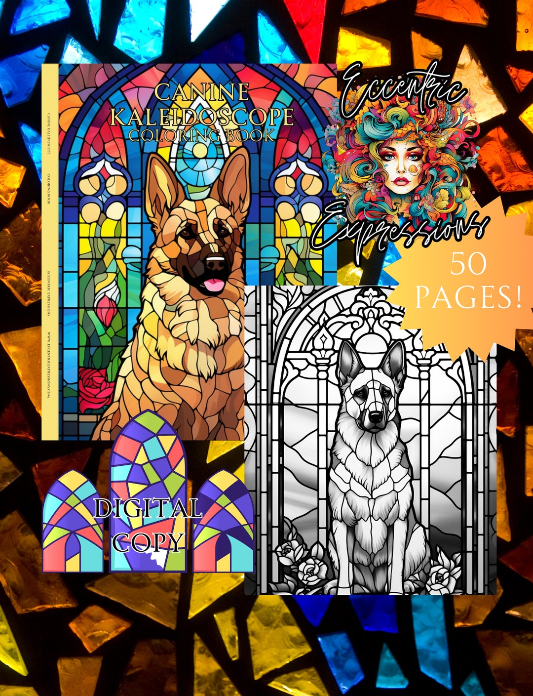 Stained Glass Dog Coloring Book: 50 Canine Illustrations (digital ...