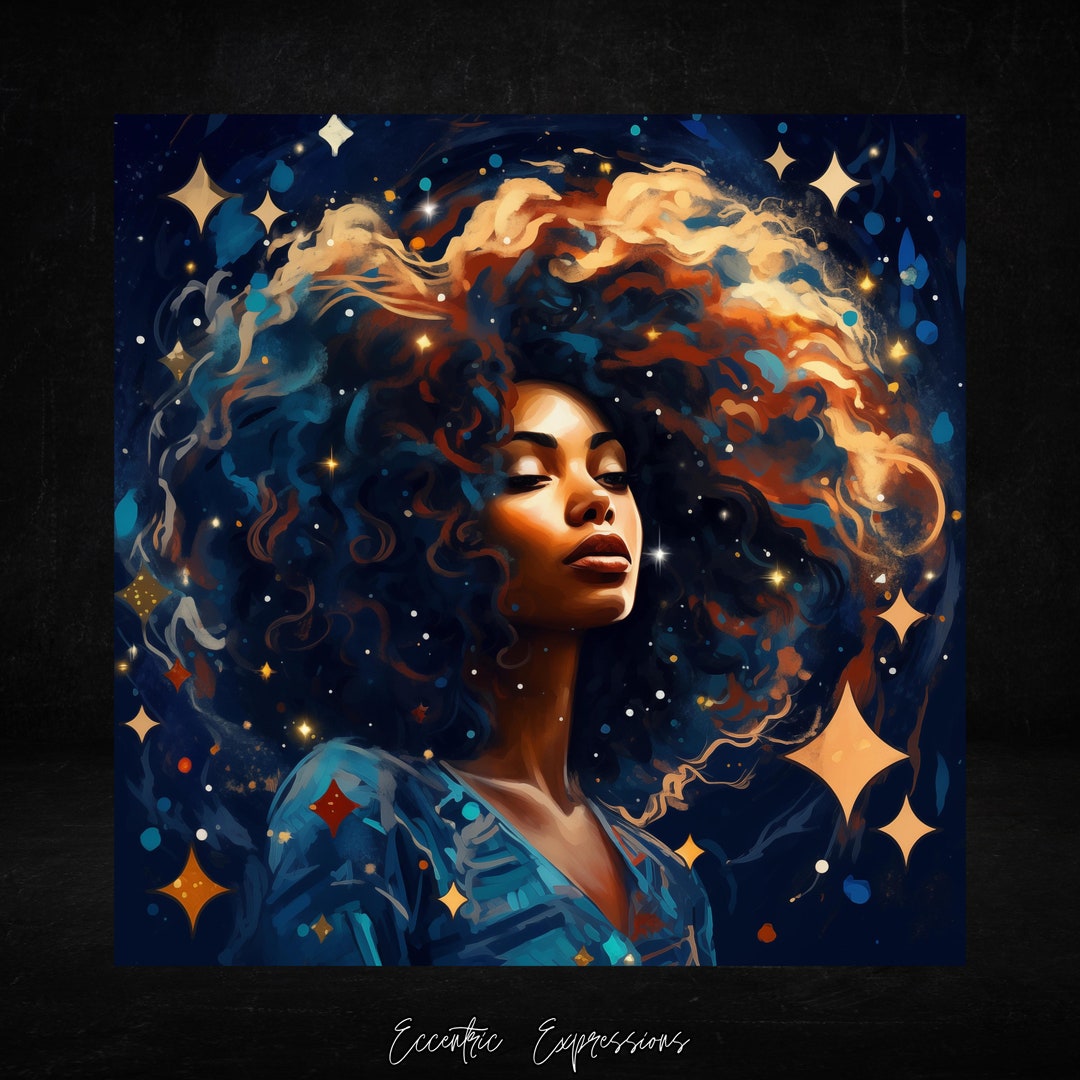 Cosmic Black Woman With Afro Digital Print - Ethereal Portrait Art 1:1 ...