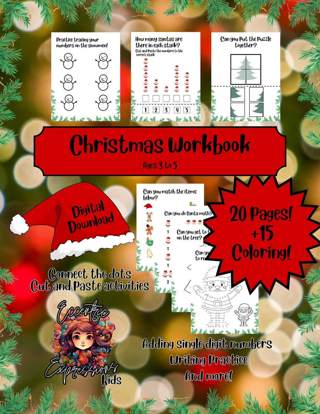 Christmas Preschool Workbook: 20 Pages 15 Bonus Coloring Pages ...