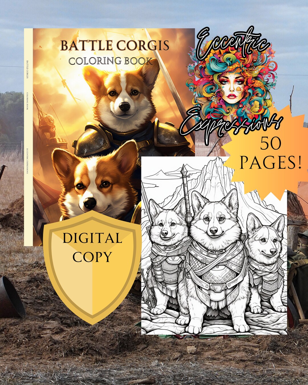 Battle Corgis Adult Coloring Book - 50 Pages Fantasy Coloring Book - Etsy