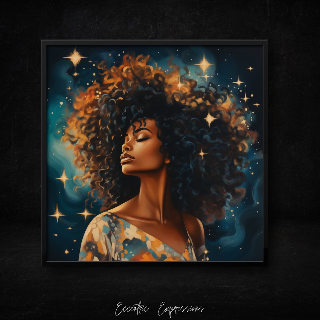 Cosmic Black Woman Afro Portrait: Ethereal Celestial Art (digital ...