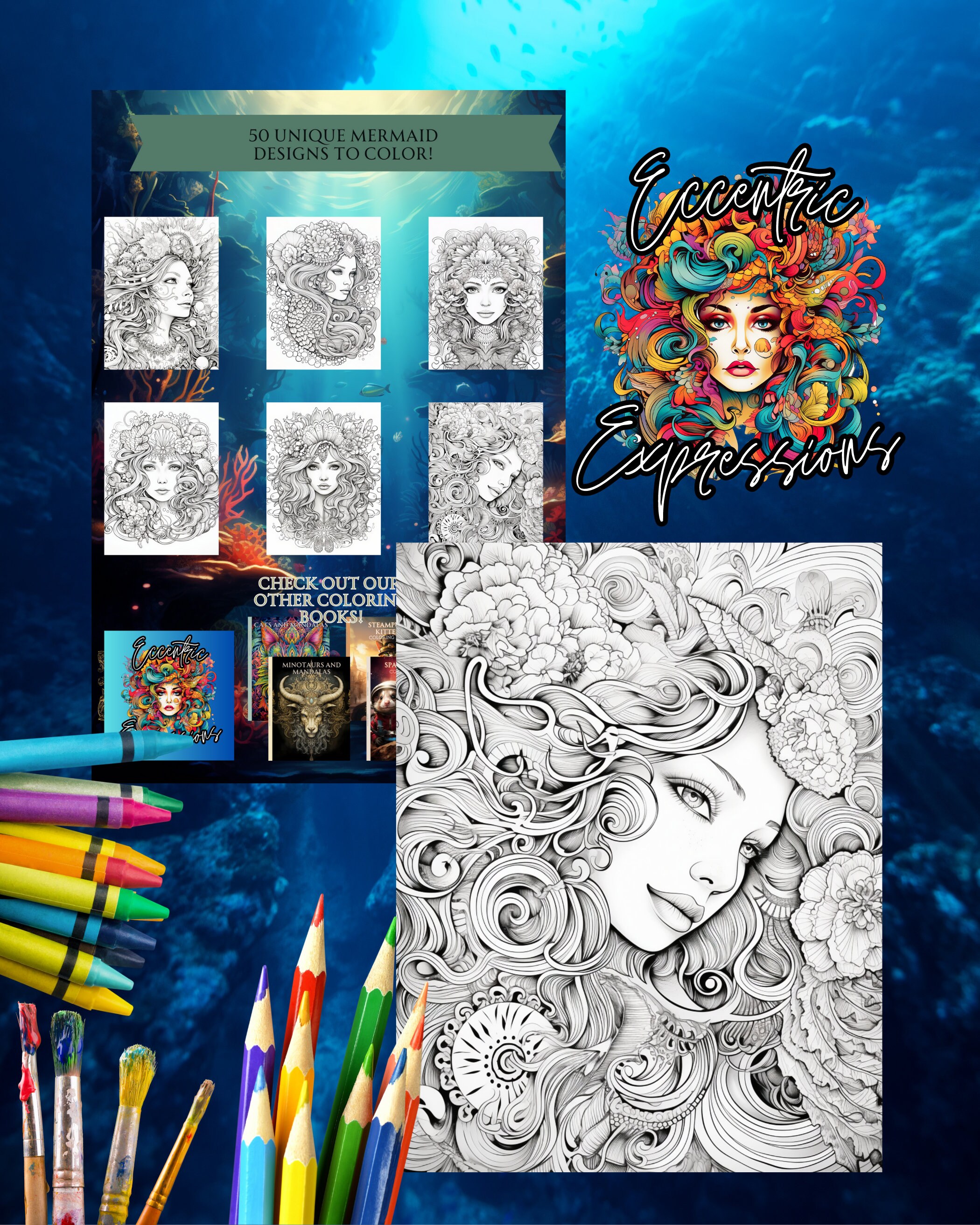 Mermaids and Mirages 50 Coloring Pages of Mermaids and Beautiful ...