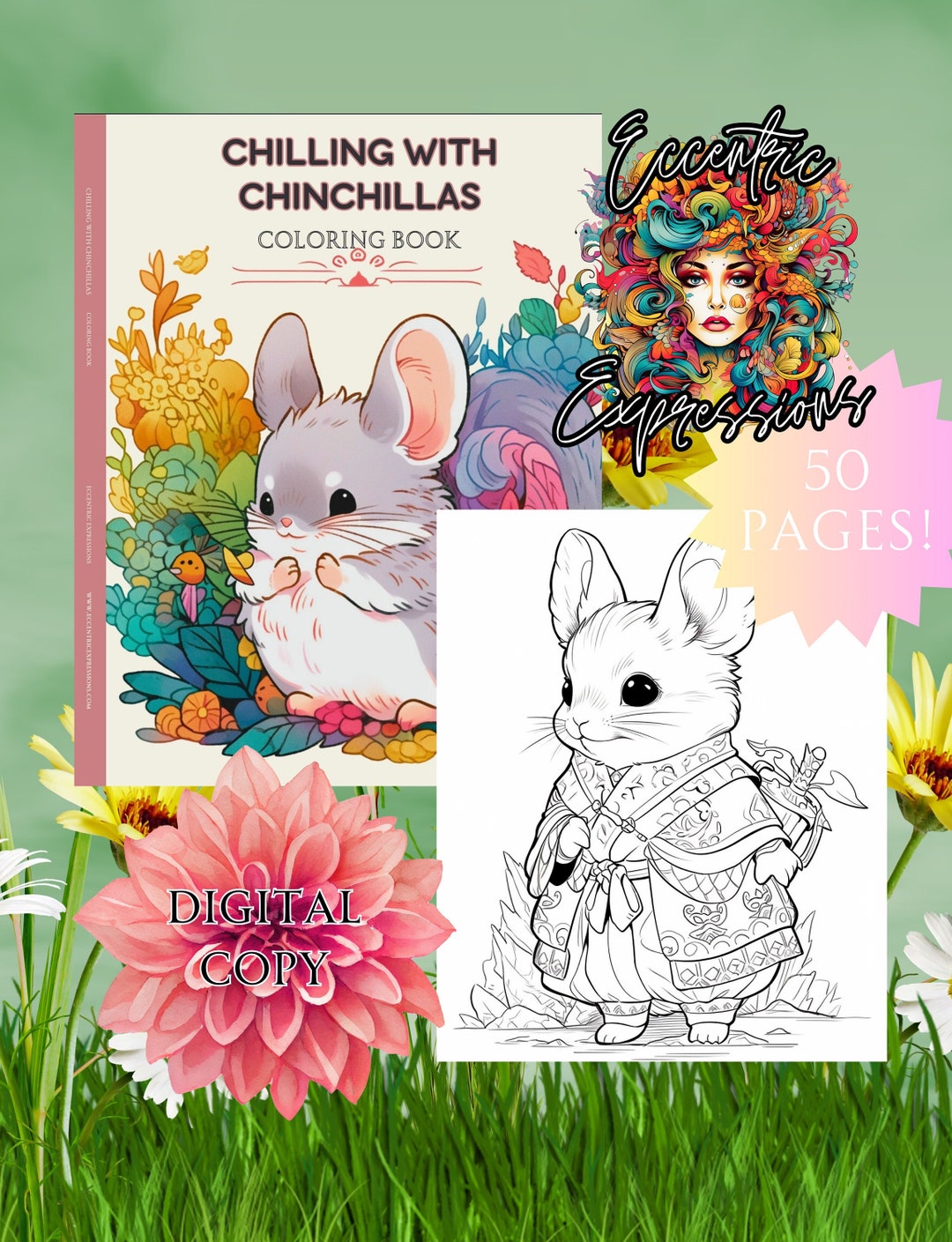 Chilling With Chinchillas Adult Coloring Book - 50 Unique Pages - Fun ...