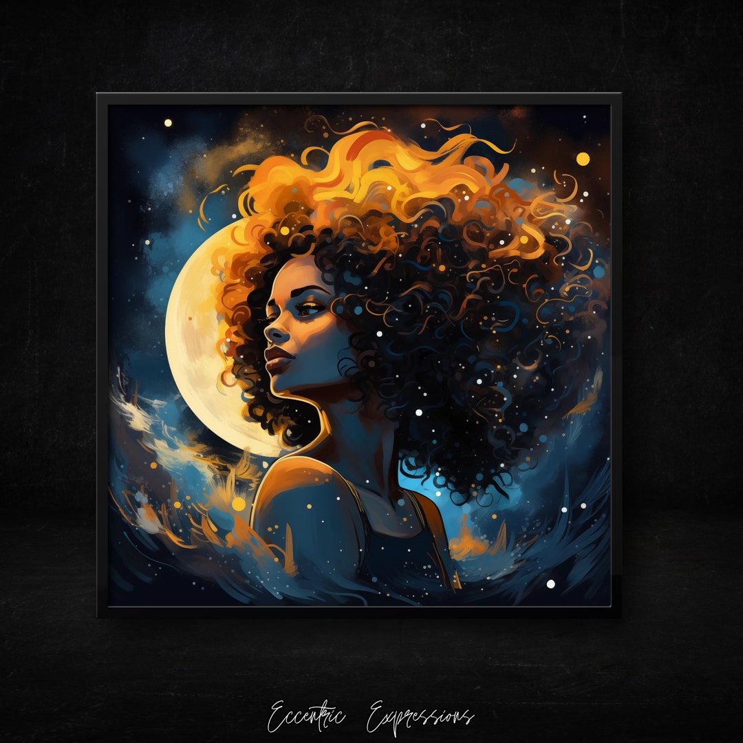 Cosmic Black Woman With Afro Digital Print - Ethereal Portrait Art 1:1 ...