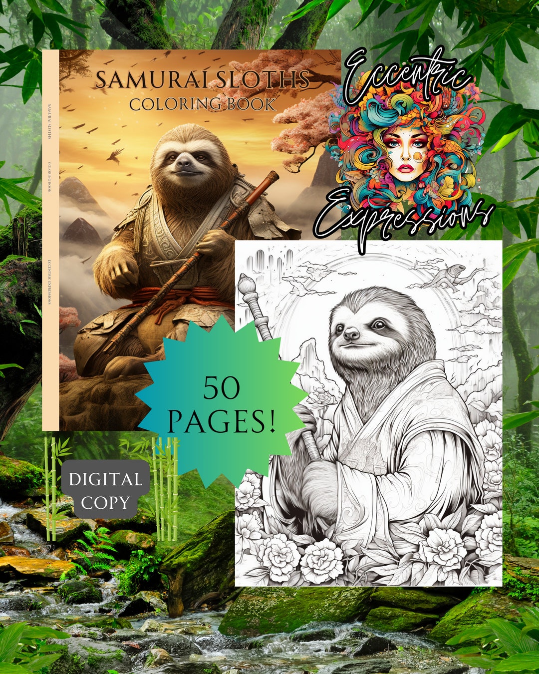 Samurai Sloths - Unleash Your Inner Warrior - 50 Coloring Pages Perfect Gift for Mom Dad Sister ...