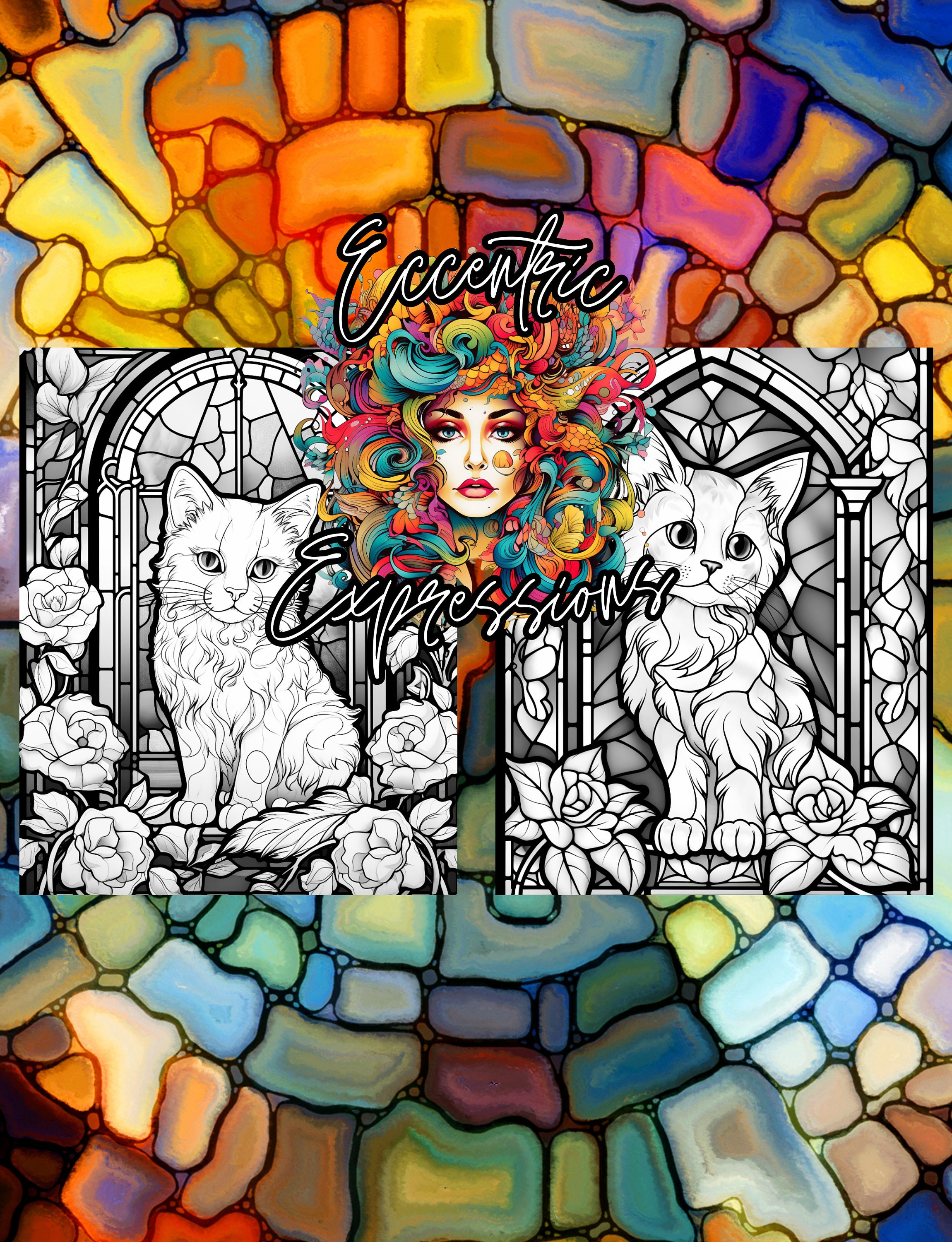 Kaleidoscope Kittens: 50 Stained Glass Cat Illustrations for Whimsical ...