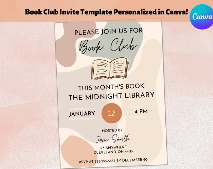 BOOK CLUB Invitation - Digital Download Template 5 X 7, Edit in Canva ...