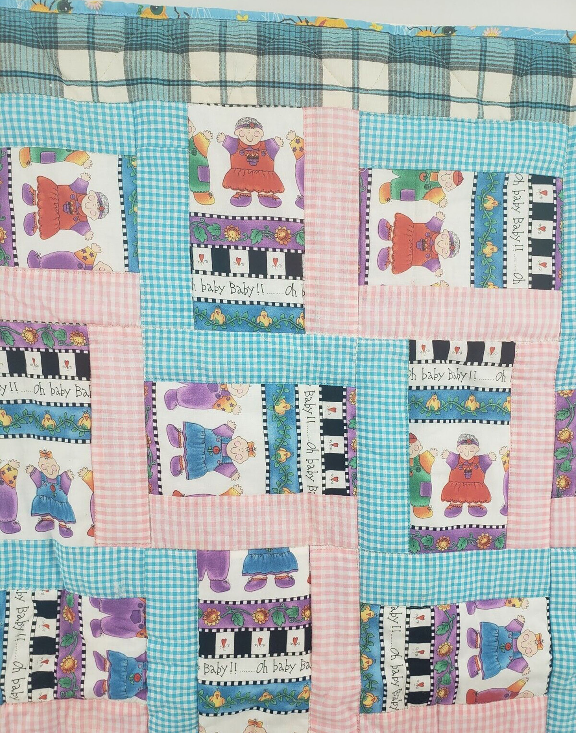Handmade Baby Quilt Patchwork Crib Blue Pink Overalls Garden Flowers ...