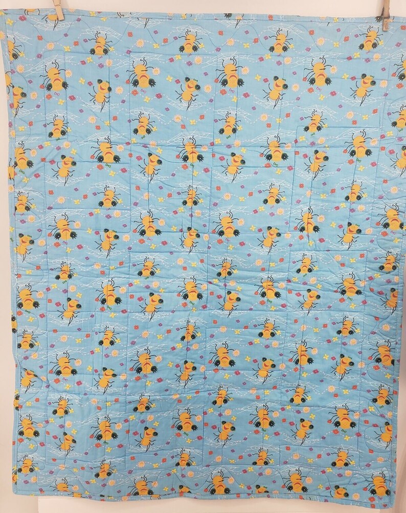 Handmade Baby Quilt Patchwork Crib Blue Pink Overalls Garden Flowers ...