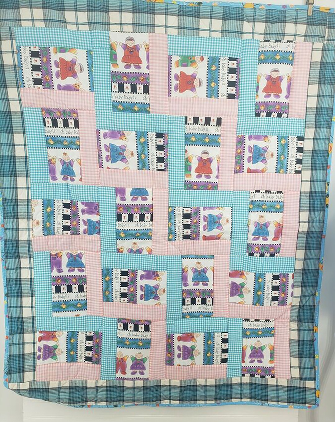 Handmade Baby Quilt Patchwork Crib Blue Pink Overalls Garden Flowers ...