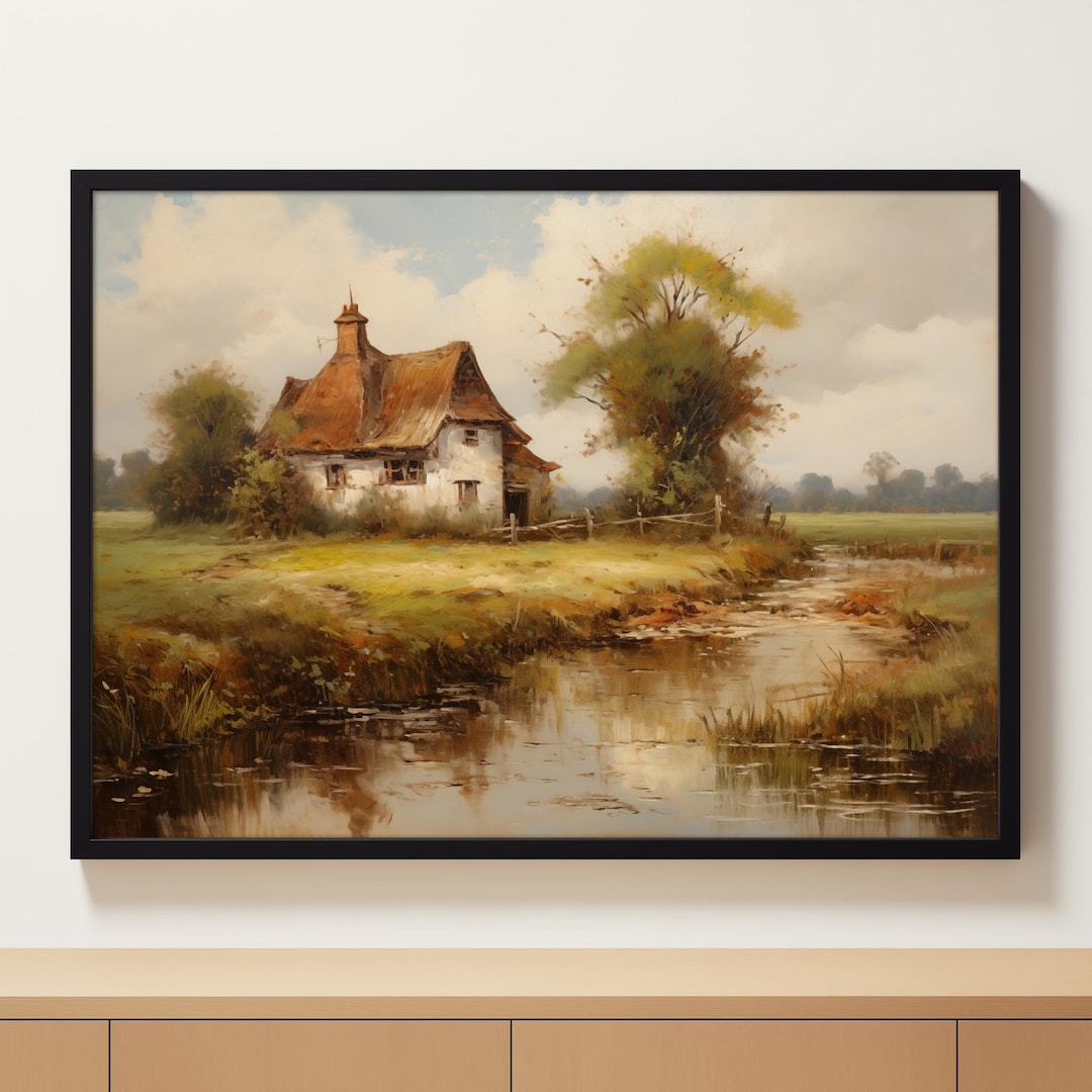 Vintage European Cottage Oil Painting, Country Landscape Print, Rustic ...