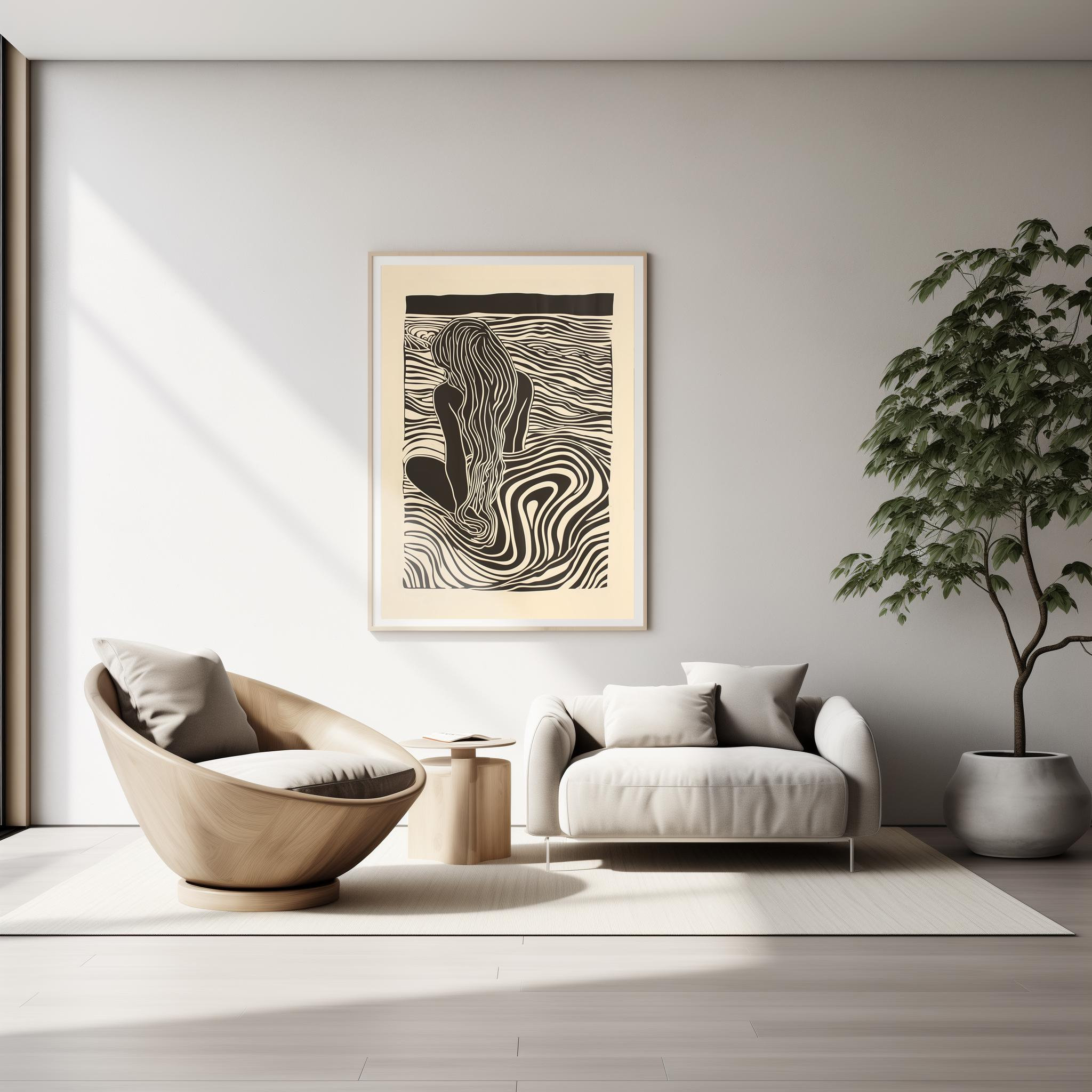 Woman in an Ocean Wave Print, Woodcut Art, Wavy Lines Art, Organic ...