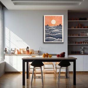 Sunrise With Waves Print, Linocut Print, Wavy Lines Art, Woodcut Poster ...