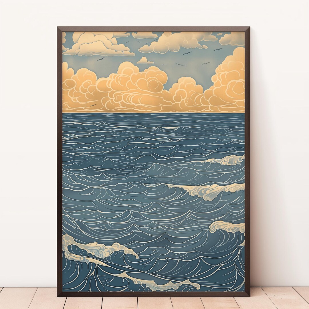 Ocean With Clouds Print, Linocut Print, Waves Wall Art, Woodcut Poster ...