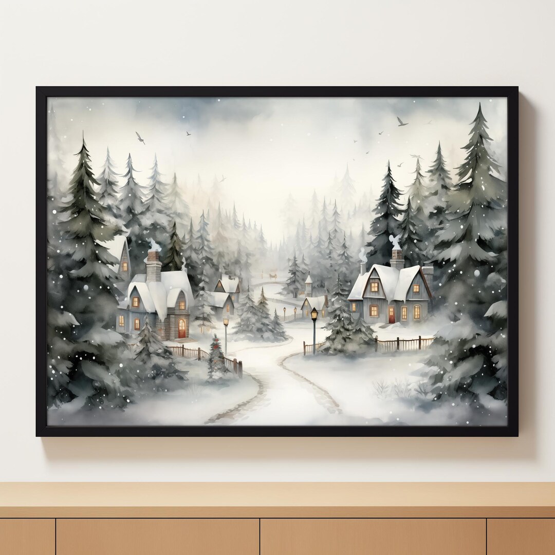 Christmas Village Print | Watercolor Snowy Pine Trees| Holiday Wall Art ...