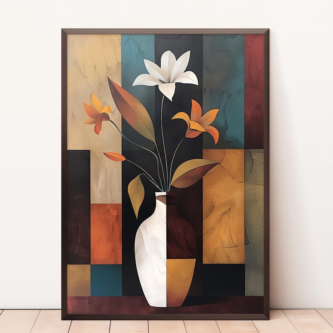 Flowers in a White Vase Print, Vintage Abstract Botanical Wall Art ...