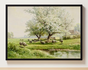 Spring Landscape Painting / Sheep Pasture Painting / Spring Blossom ...