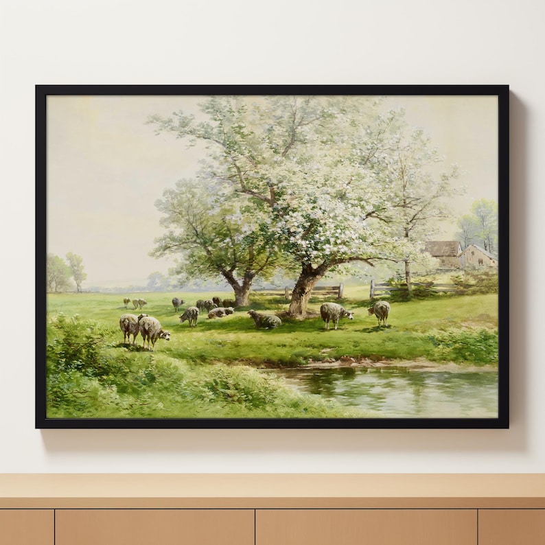 Spring Landscape Painting / Sheep Pasture Painting / Spring Blossom ...