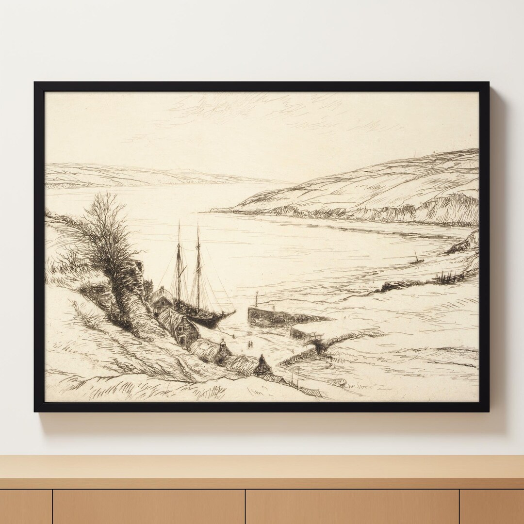 Etching of a Serene Waterscape With a Boat in the Harbor | Vintage ...
