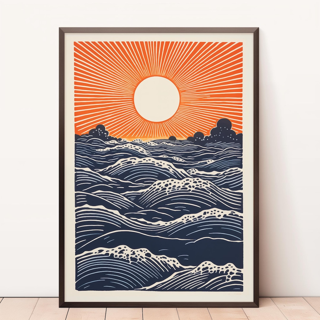 Sunrise With Waves Print, Linocut Print, Wavy Lines Art, Woodcut Poster ...