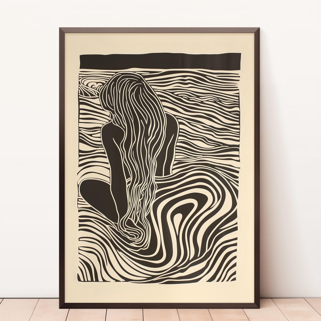 Woman in an Ocean Wave Print, Woodcut Art, Wavy Lines Art, Organic ...