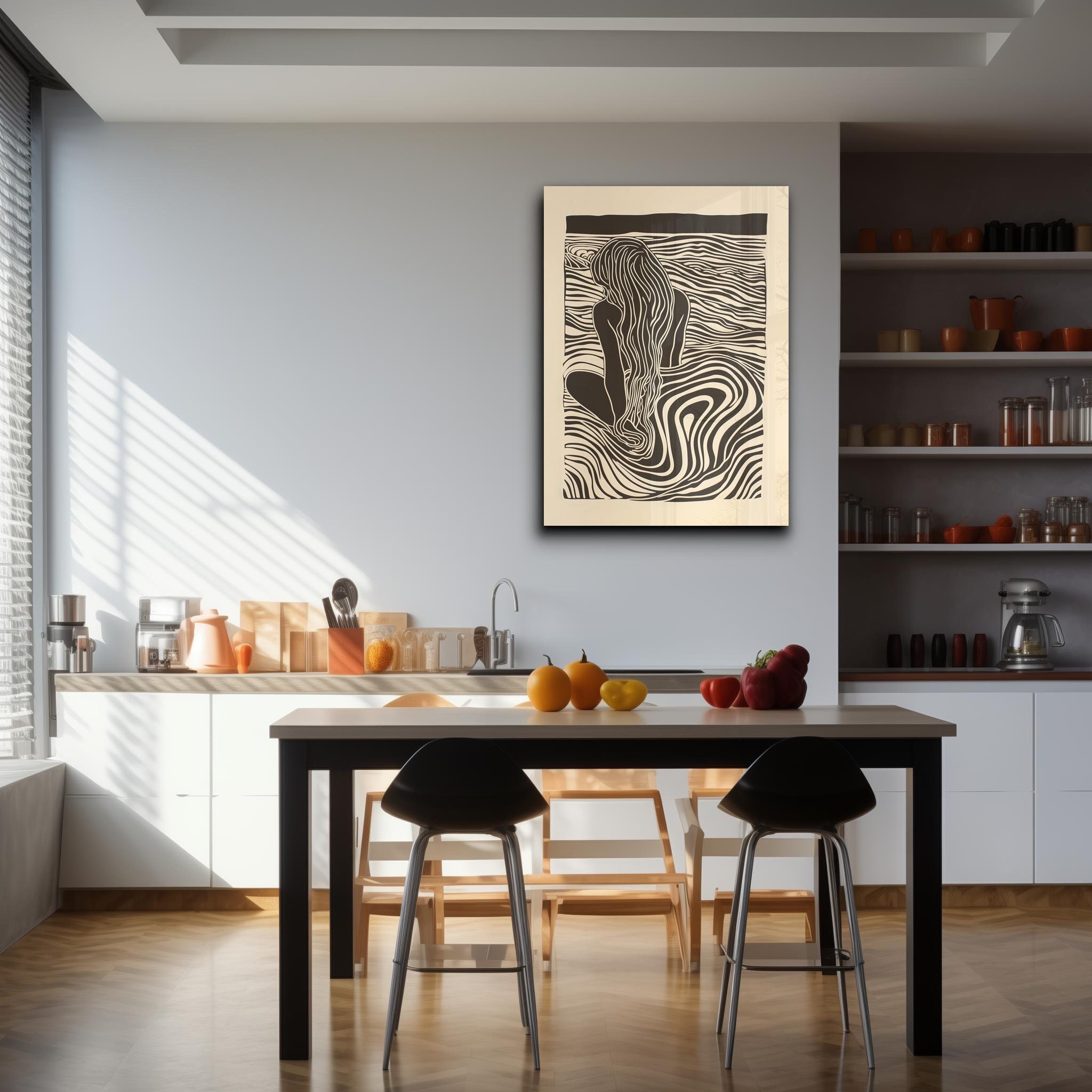 Woman in an Ocean Wave Print, Woodcut Art, Wavy Lines Art, Organic ...