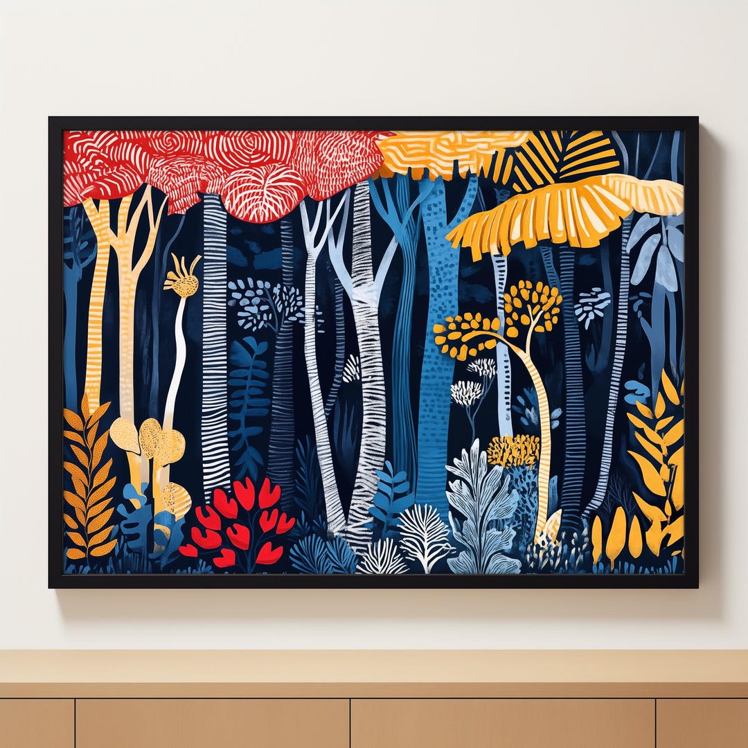 Blue Forest Print, Enchanted Forest, Linocut Print, Woodland Scene ...