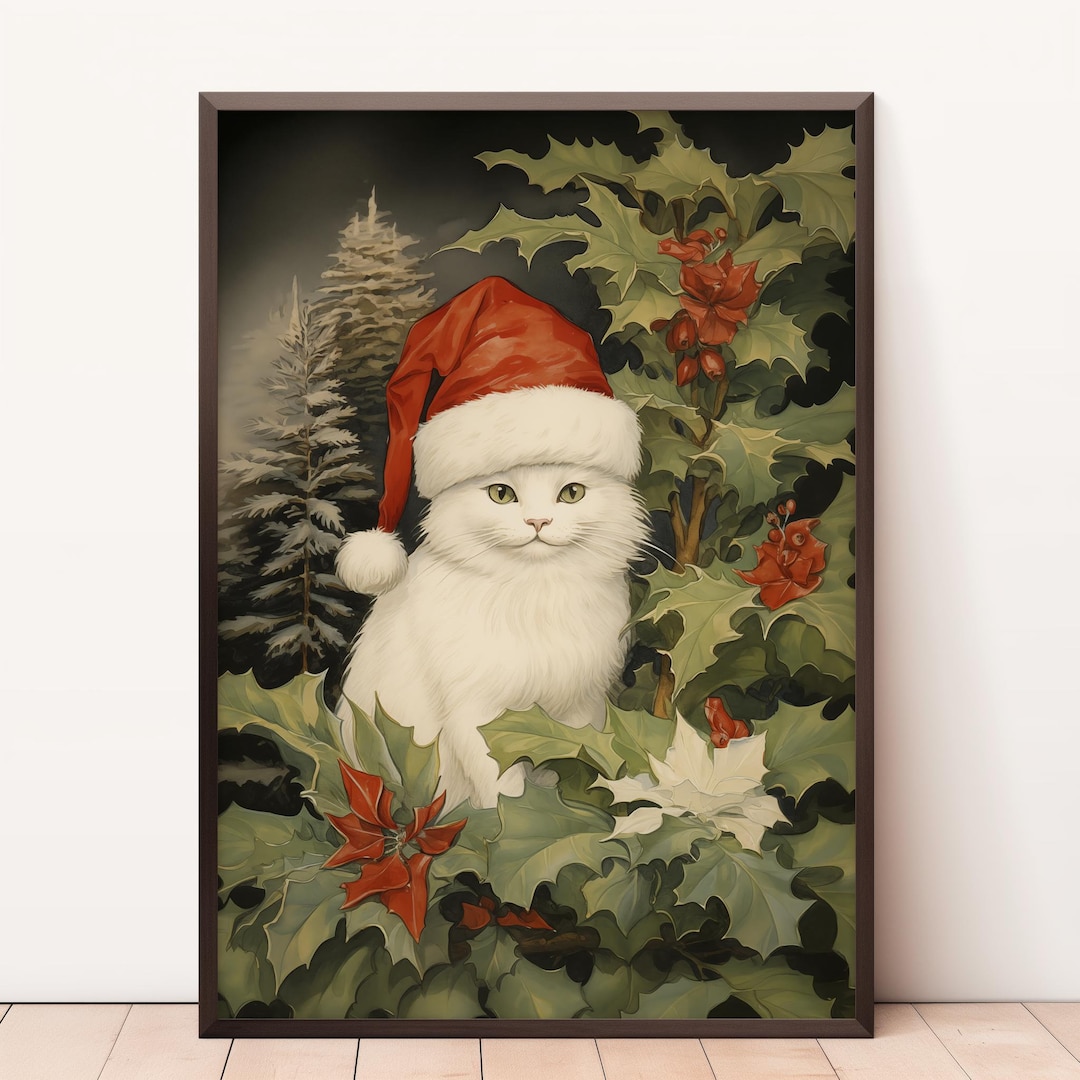 Christmas Cat Print, Flowers Cat Poster, White Cat Art, Floral Print ...