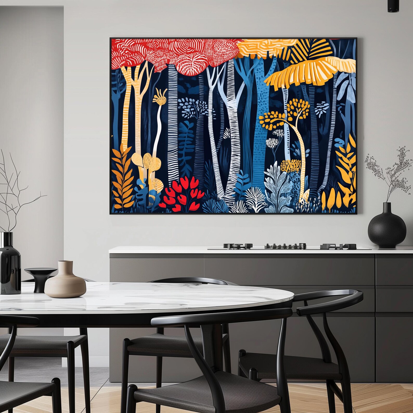Blue Forest Print, Enchanted Forest, Linocut Print, Woodland Scene ...