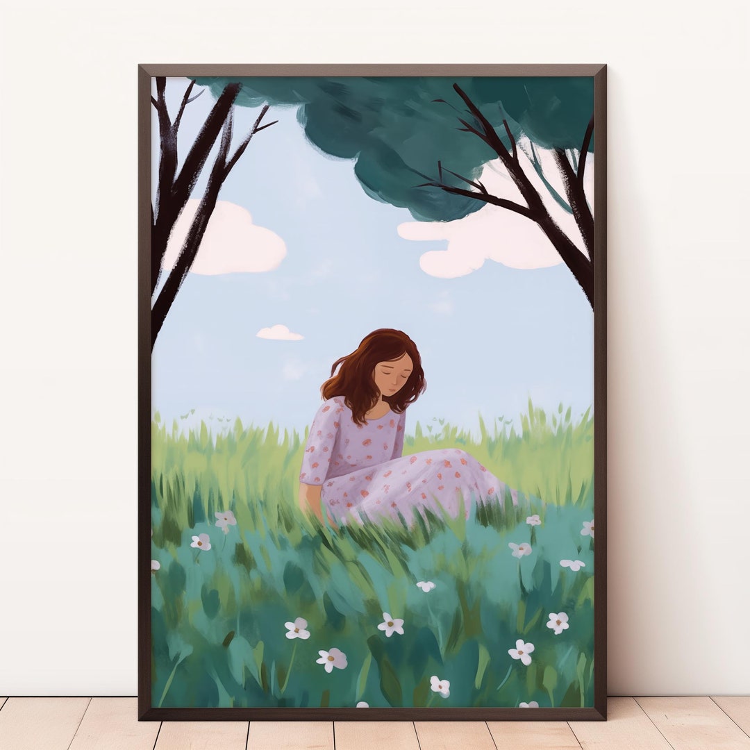 Girl Sitting Under Trees Painting, Modern Flowers Print, Romantic ...