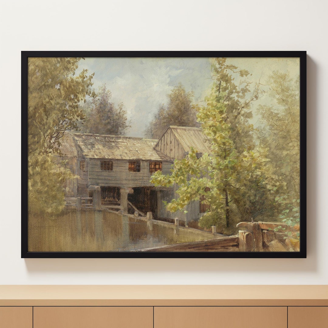 Old Mill Across the Pond | Moody Lake Painting | Vintage Lake House ...