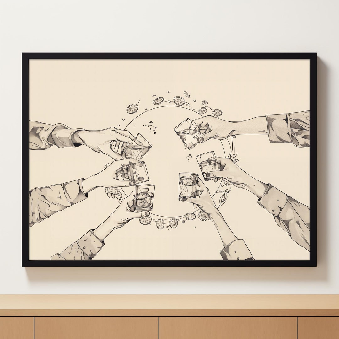 Cheers Illustration, Cheers Sign Print, Toasting Hands Wall Art, Bar ...