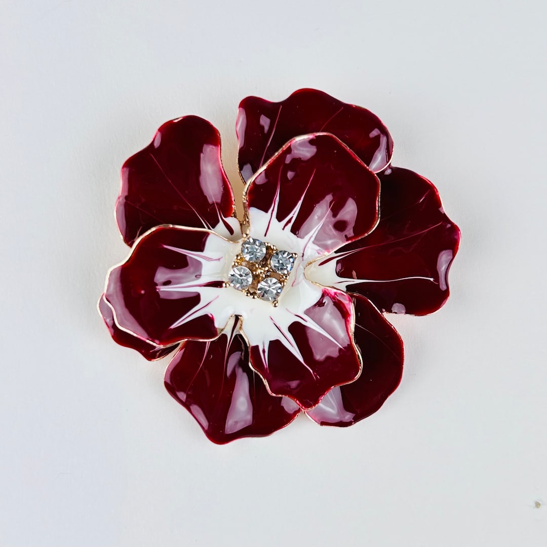 Red Flower Brooch Pin ~ Rhinestone Crystal Large Enamel Brooch - Etsy
