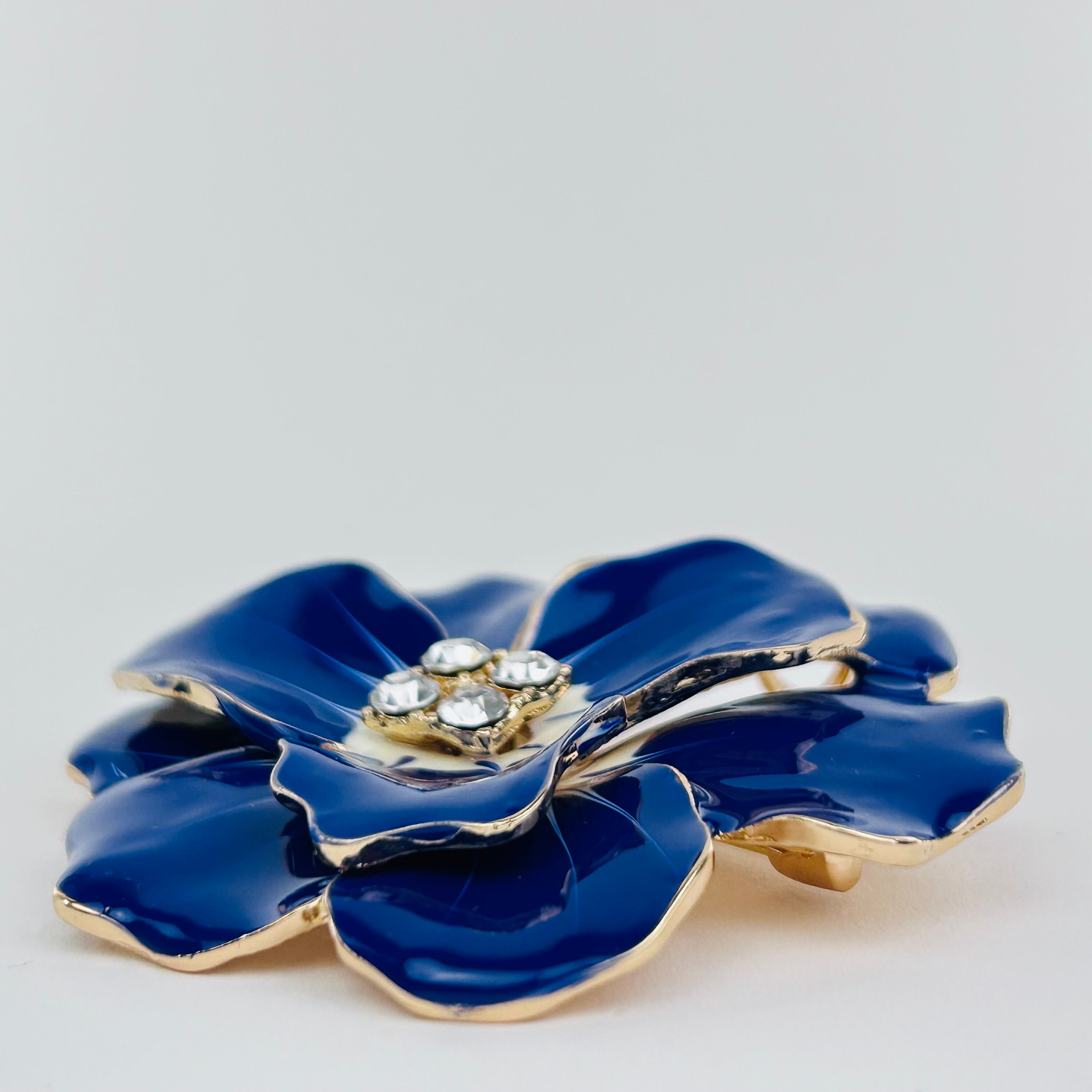 Blue Flower Brooch Pin Sapphire Blue Rhinestone Crystal Large Enamel ...