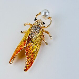 Cicada Brooch Pin ~ Art Deco Style Pearl Crystal Rhinestones Yellow ...