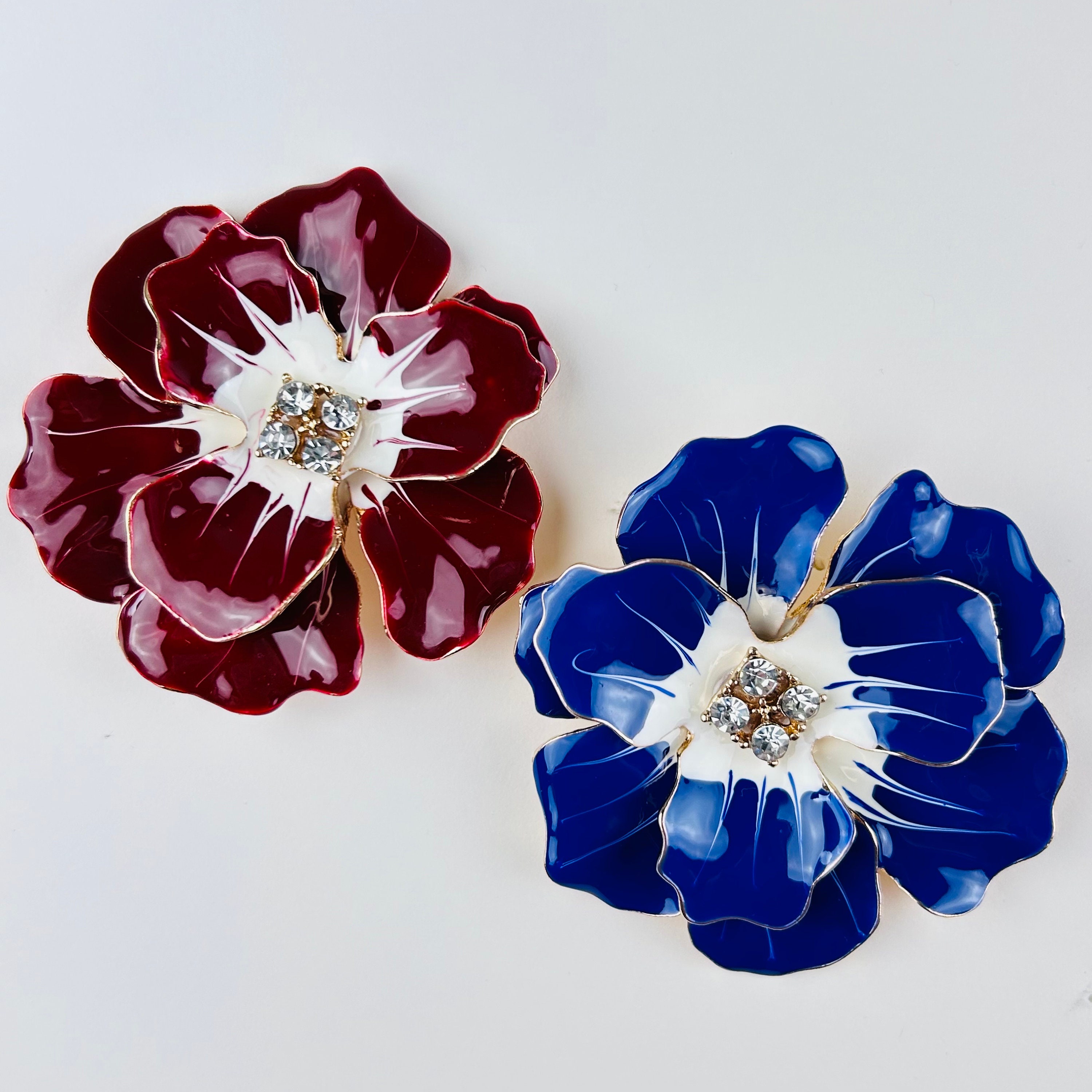 Blue Flower Brooch Pin Sapphire Blue Rhinestone Crystal Large Enamel ...