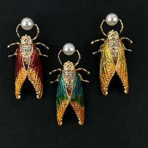 Cicada Brooch Pin ~ Art Deco Style Pearl Crystal Rhinestones Yellow ...