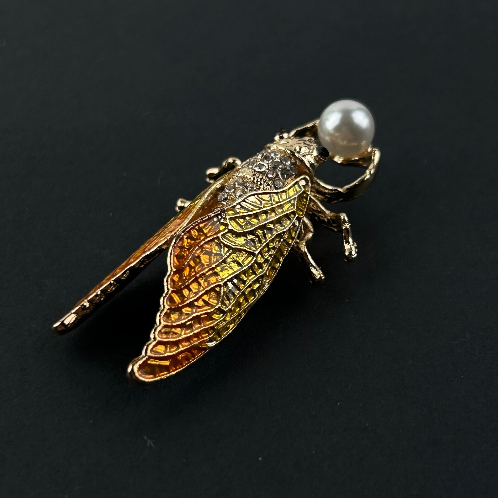 Cicada Brooch Pin ~ Art Deco Style Pearl Crystal Rhinestones Yellow ...