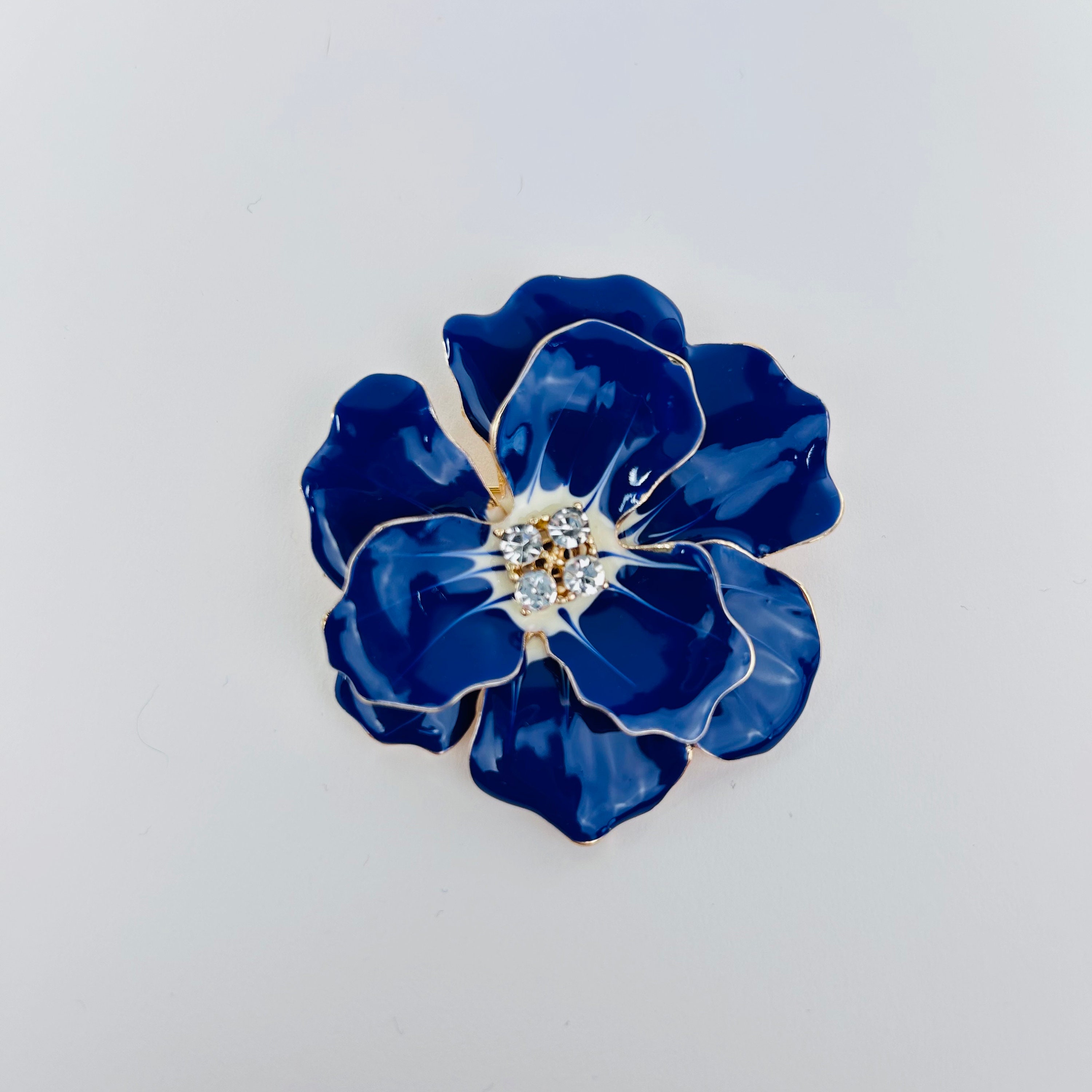 Blue Flower Brooch Pin Sapphire Blue Rhinestone Crystal Large Enamel ...