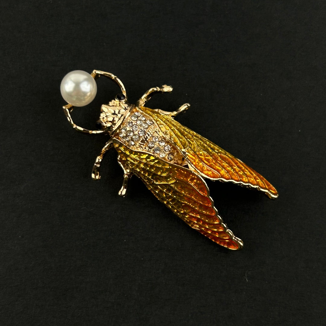 Cicada Brooch Pin ~ Art Deco Style Pearl Crystal Rhinestones Yellow ...