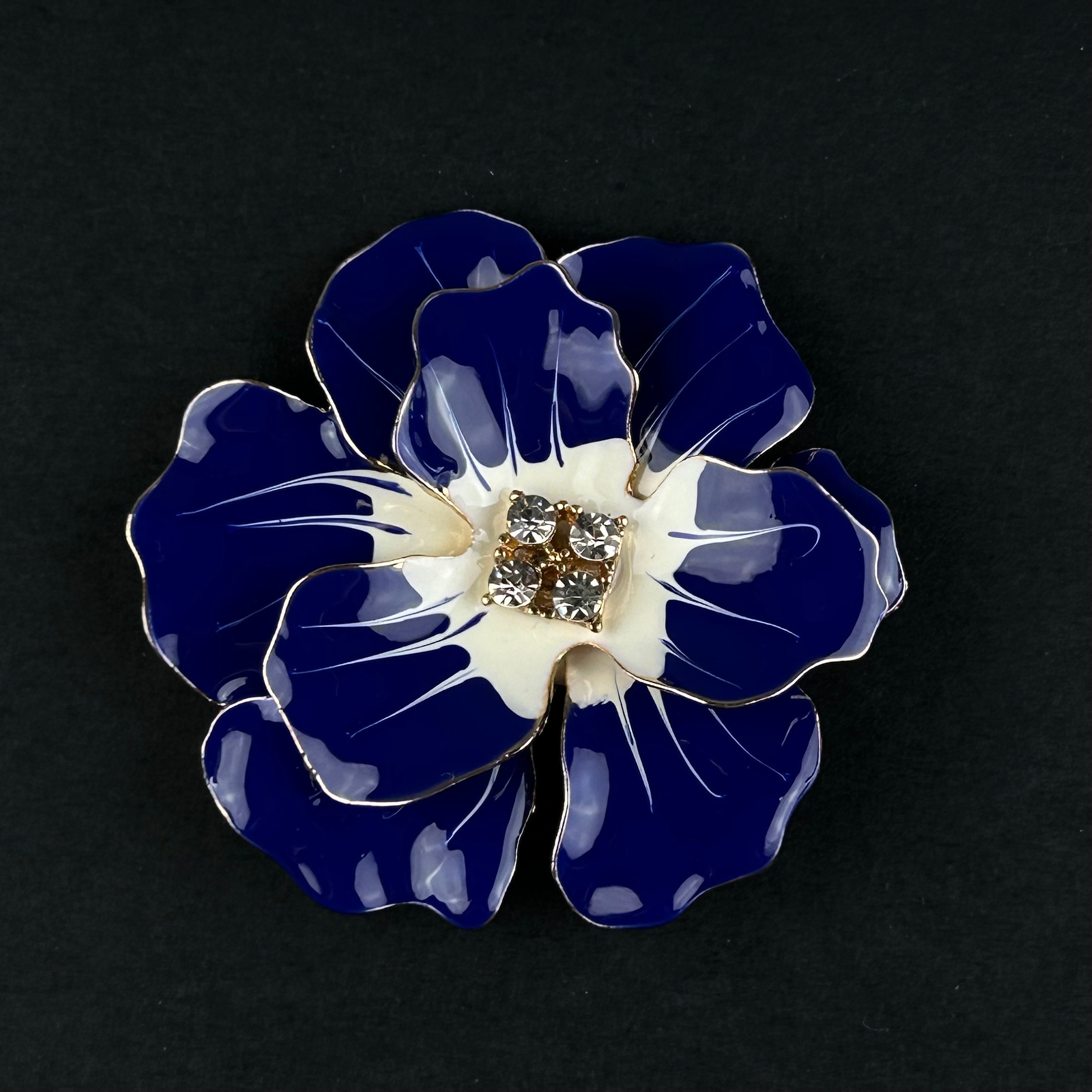 Blue Flower Brooch Pin Sapphire Blue Rhinestone Crystal Large Enamel ...
