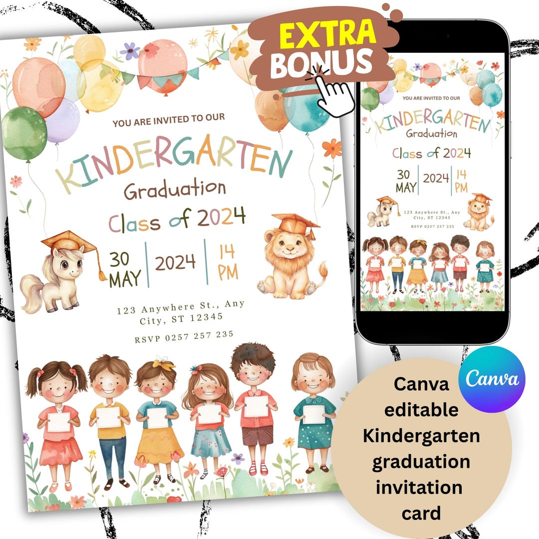 Kindergarten Graduation Editable Canva Invitation, Kindergarten ...