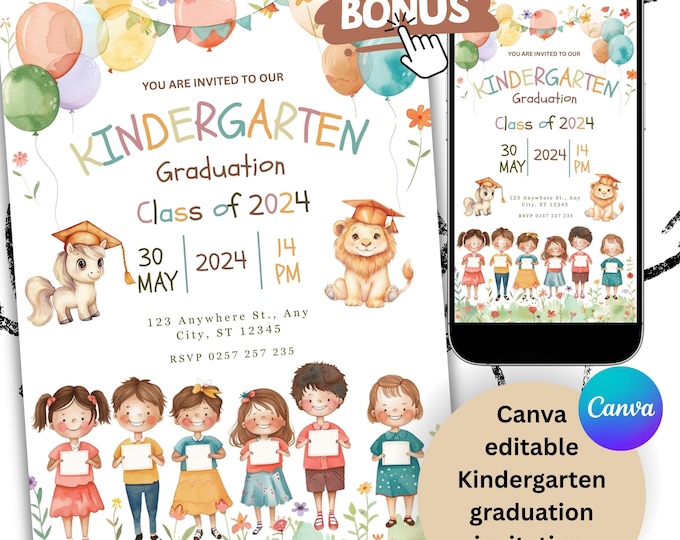 Kindergarten Graduation Editable Canva Invitation, Kindergarten ...